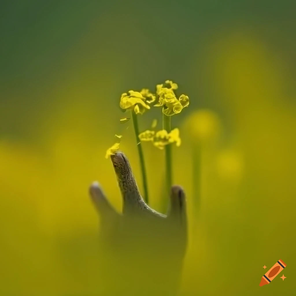 Sprawling field of bright yellow mustard plants with a hand-shaped rock ...