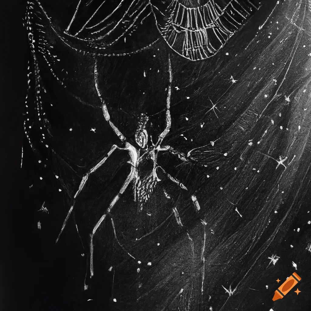 Intricate charcoal drawing of a spider weaving among the stars in a ...