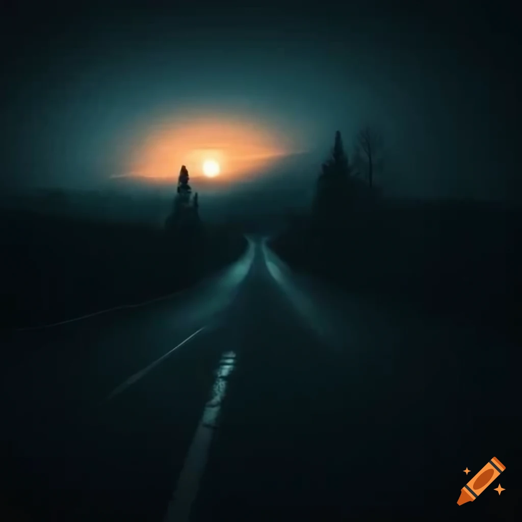 Car driving on dark countryside road at midnight with headlights on on ...