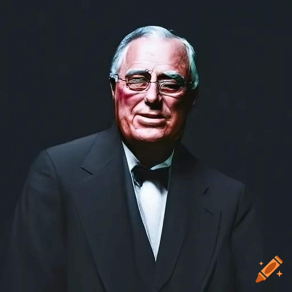 Franklin D. Roosevelt in a suit against a dark black background on Craiyon