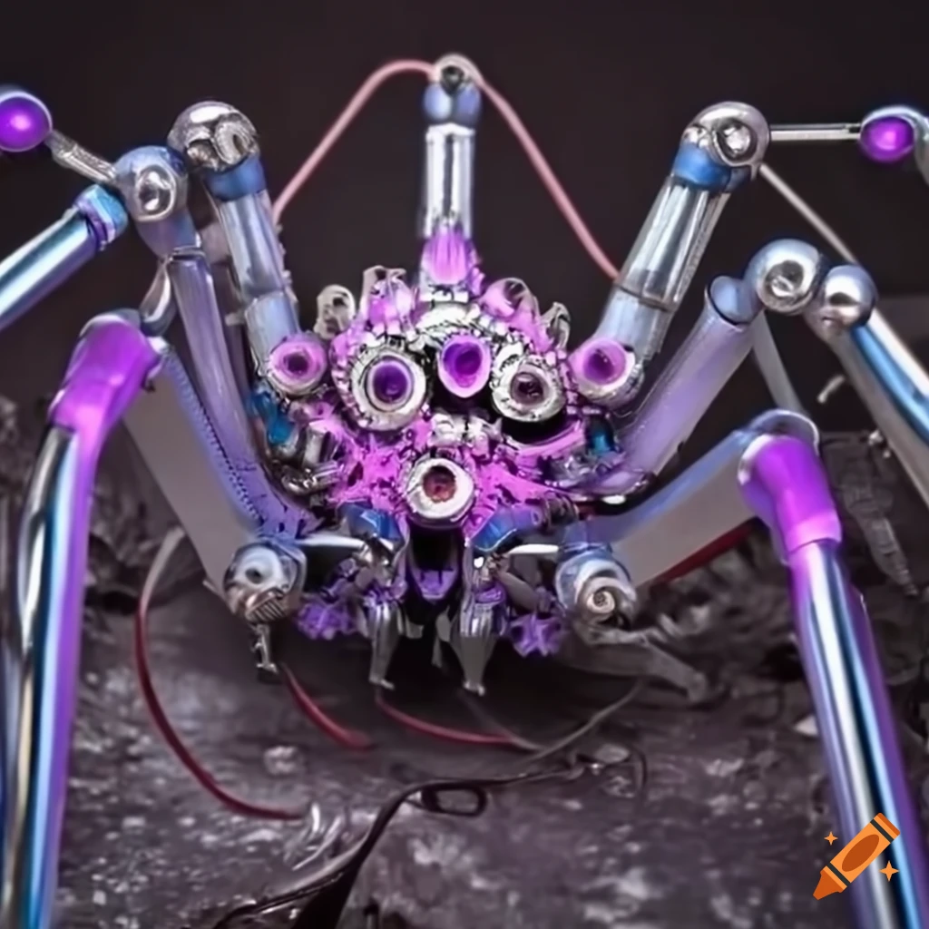 Biomechanical spider cyborg with purple eyes on Craiyon