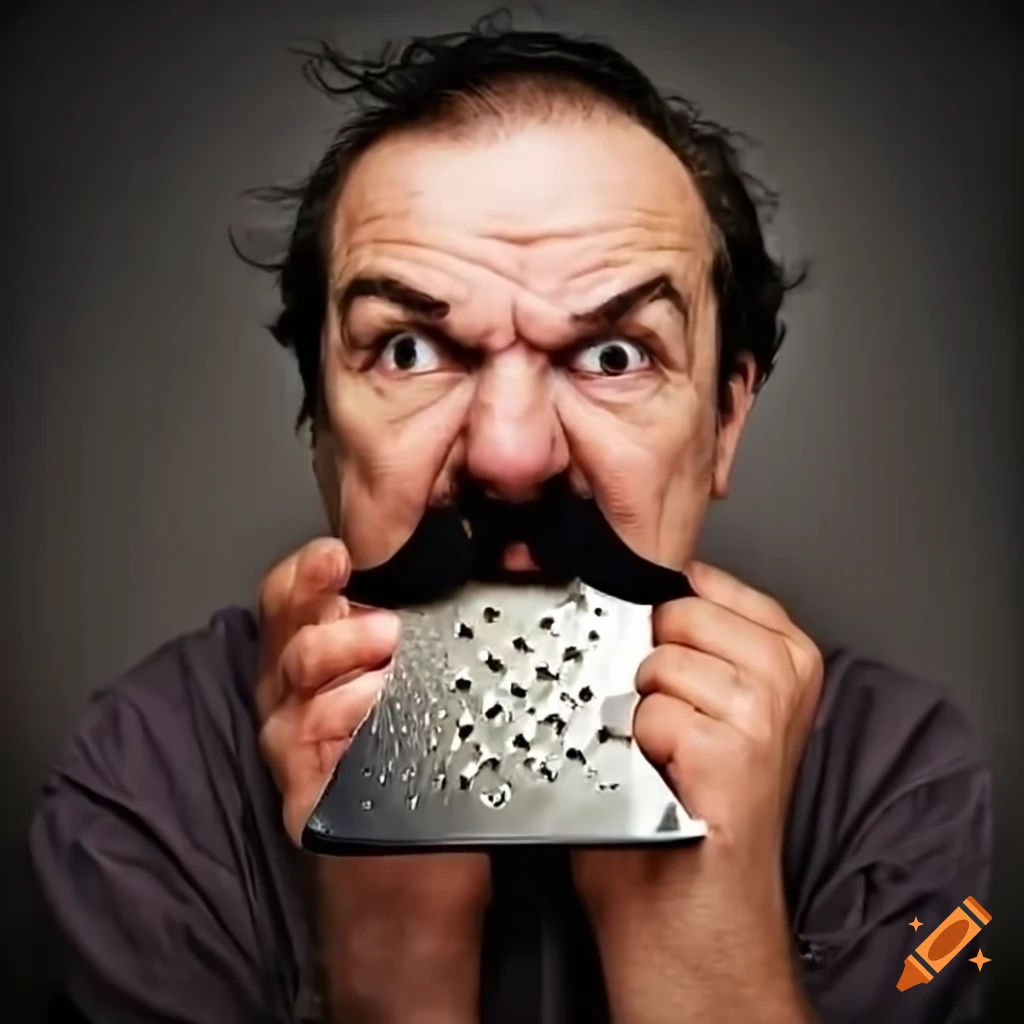 Man with mustache looking angry while holding a cheese grater on Craiyon