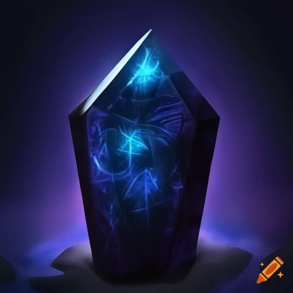 Black obelisk with glowing blue-purple runes in a fantasy art style on ...