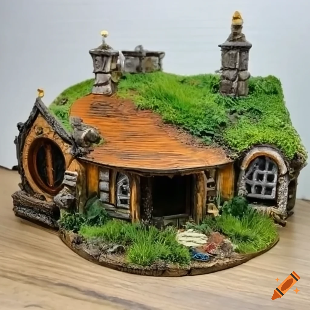 Intricately detailed miniature hobbit house in a perspex cube on Craiyon
