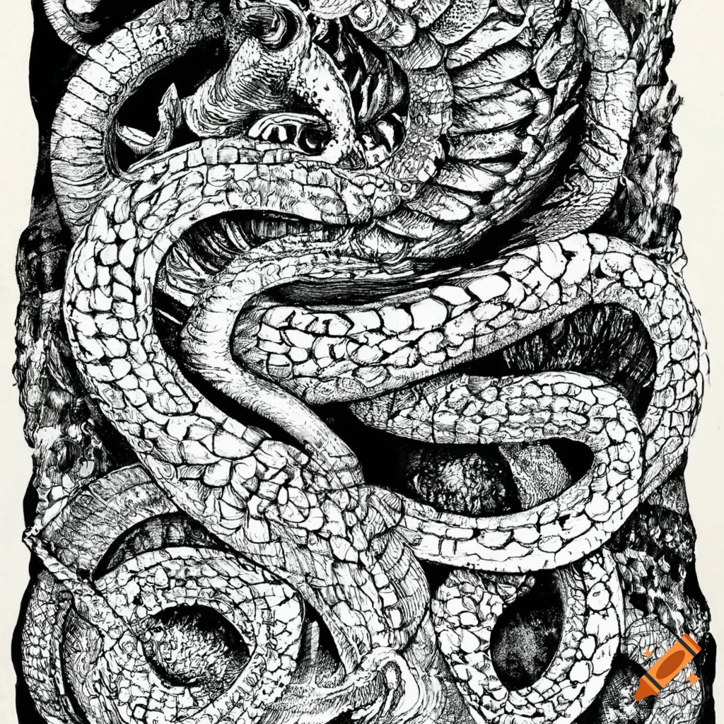 Artistic black and white drawing of a mythical serpent encircling earth ...