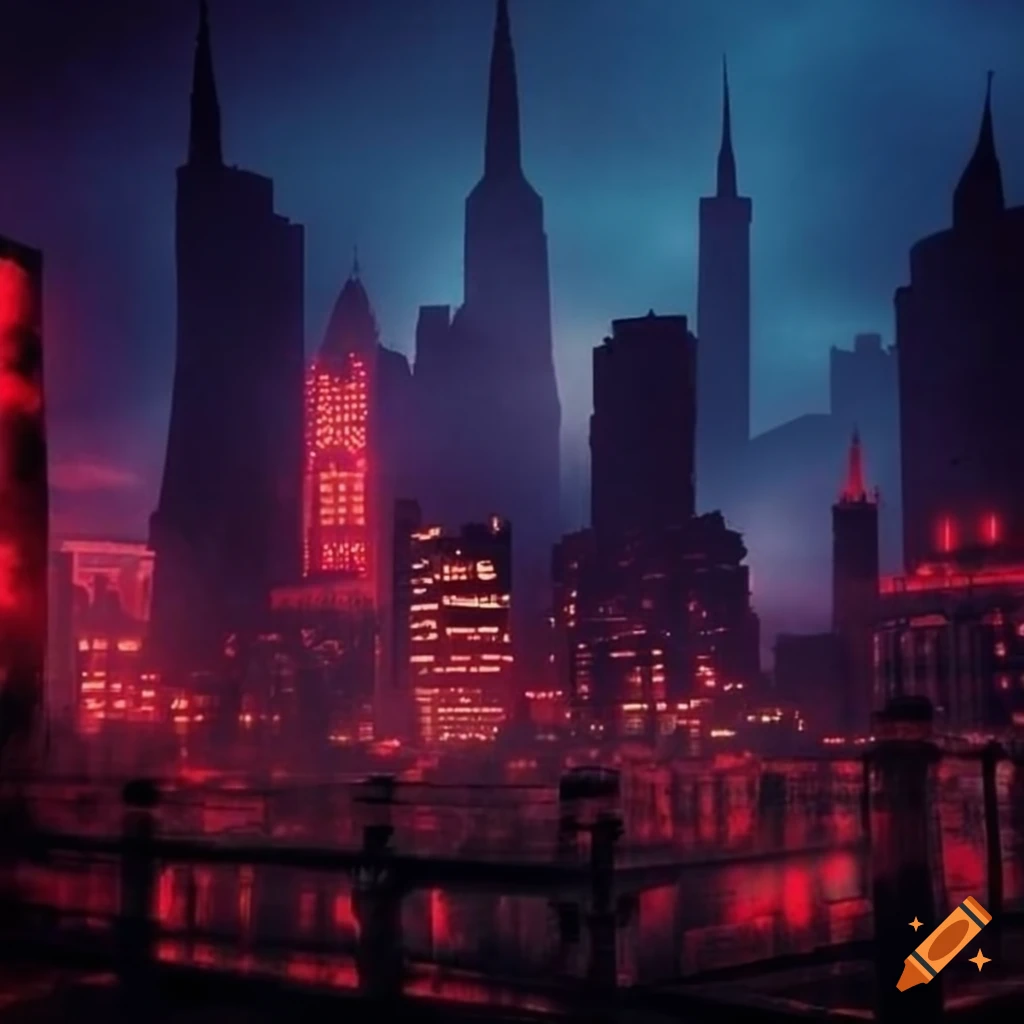 Rotting gotham city skyline with red neon lights in a dystopian setting ...