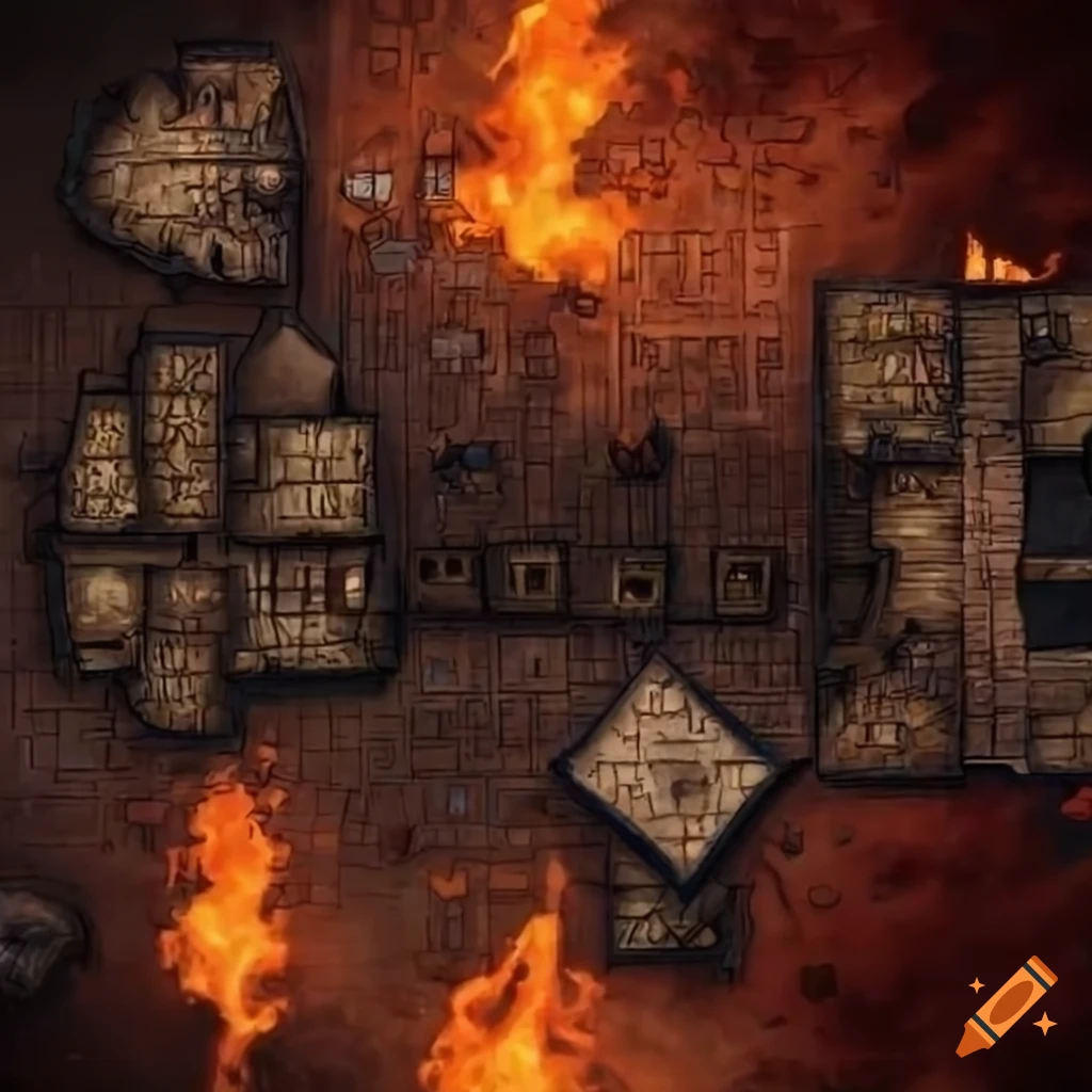 Top-down view burning village Dungeons and Dragons battlemap on Craiyon
