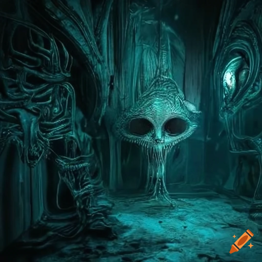 Inside of an alien structure with rip cage-like walls and a large ...