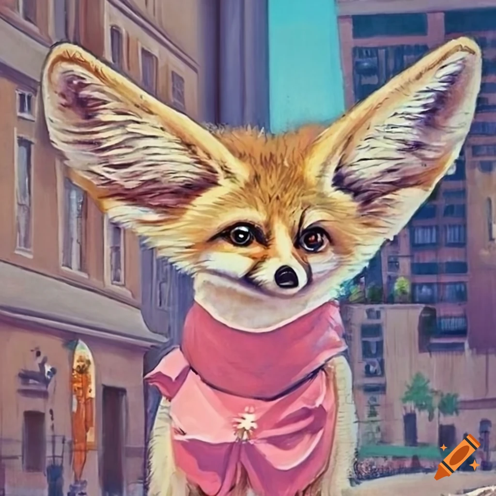 Fennec fox in pink dress on city street in 1950s style on Craiyon