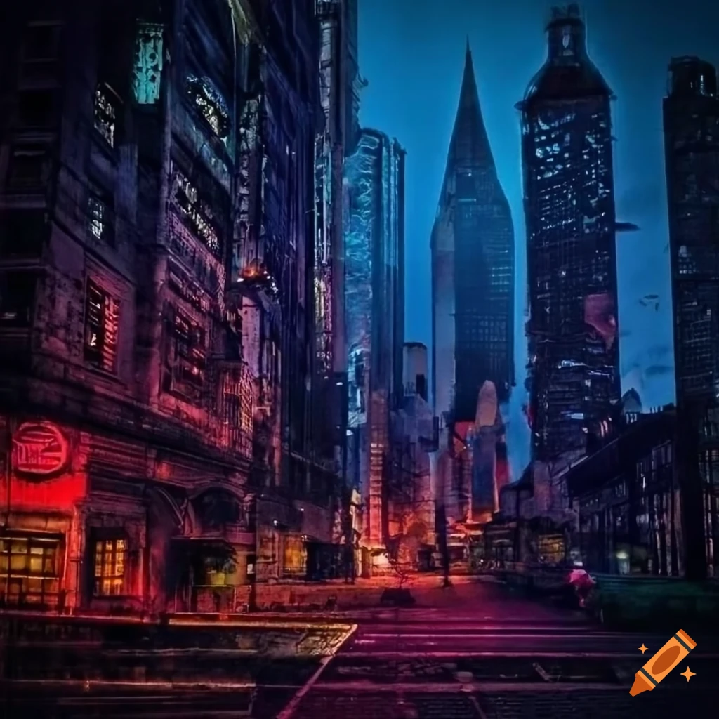 Gotham City skyline at night with neon lights in a dystopian setting on ...