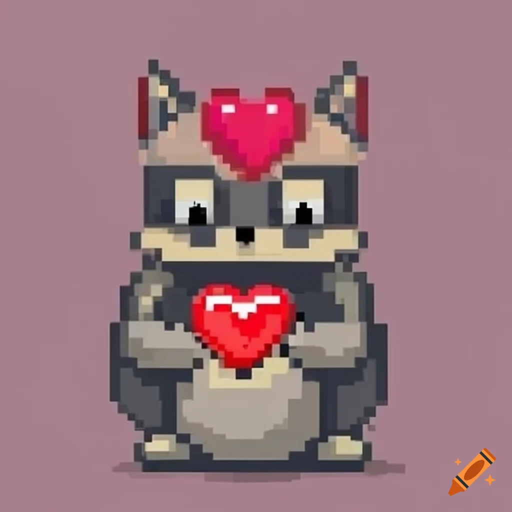 8-bit raccoon holding a red heart on Craiyon