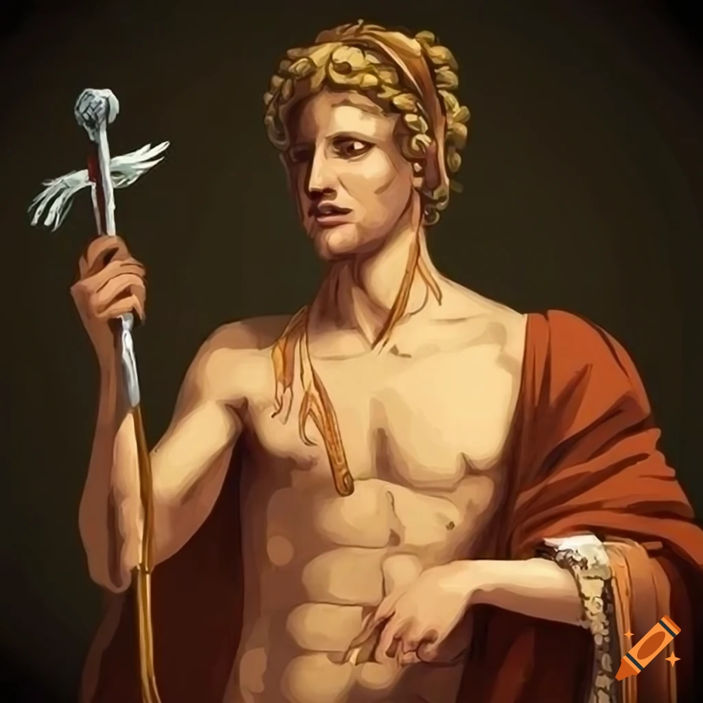 Illustration of Greek god Hermes with caduceus staff on Craiyon