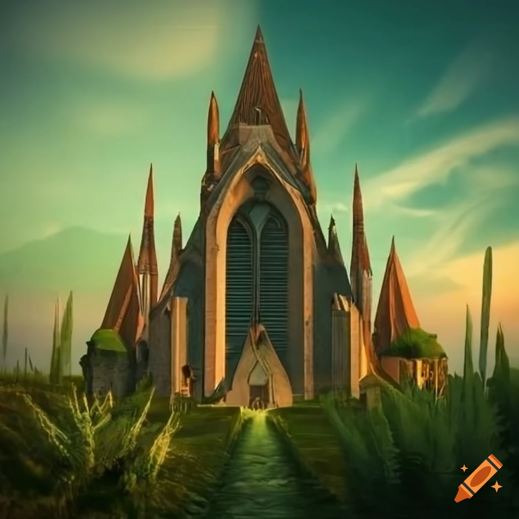 Fantasy medieval church of the nature goddess in a field of exotic ...