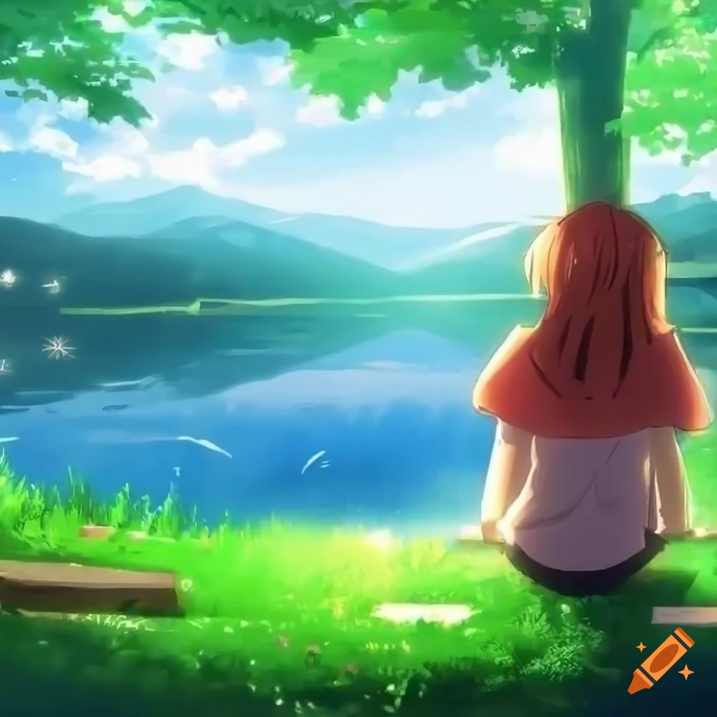 Anime character enjoying a tranquil moment by the serene lake on Craiyon