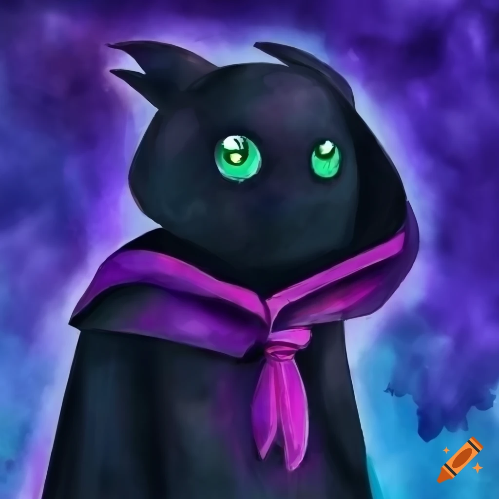 Short cute shadow creature with glowing eyes and hooded cloak on Craiyon