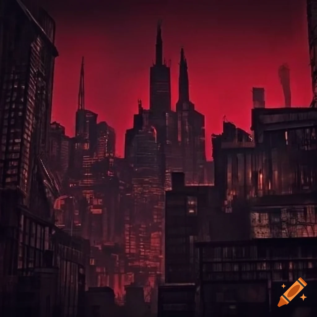 Gothic modern red neon Gotham City Skyline at night on Craiyon