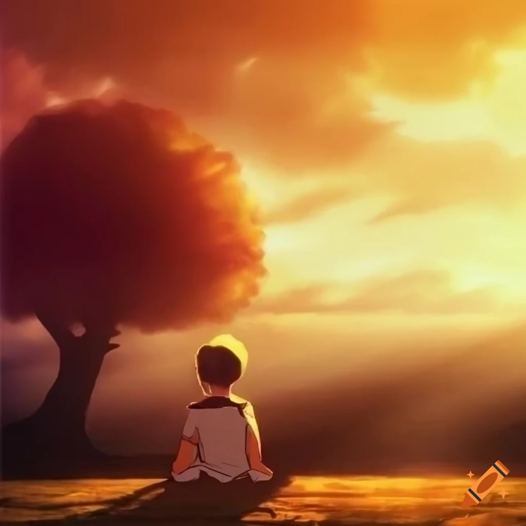Anime-inspired artwork of sunlight breaking through clouds with a boy ...