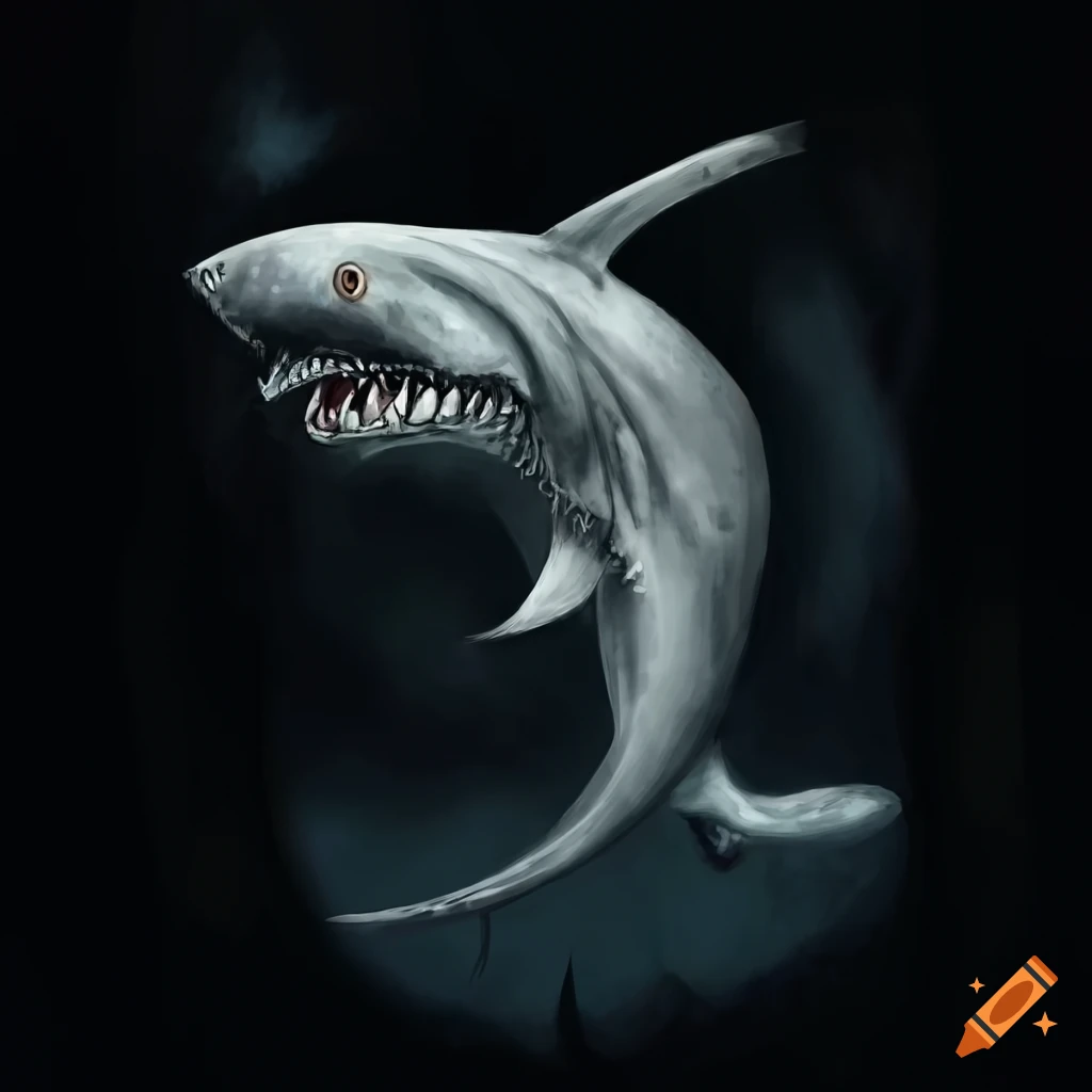 Powerful hammerhead shark character in a dark surreal art style on Craiyon