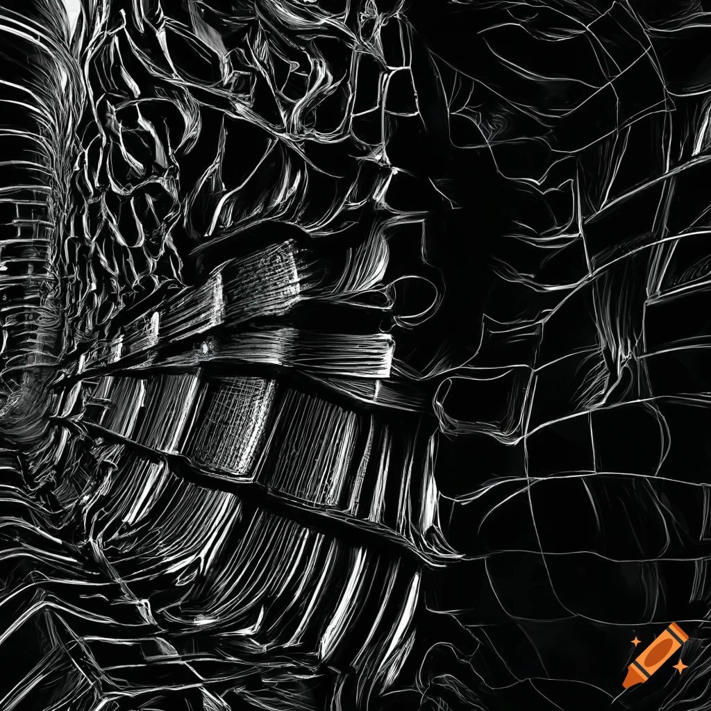 Futuristic architectural drawing with intricate metal structures and ...