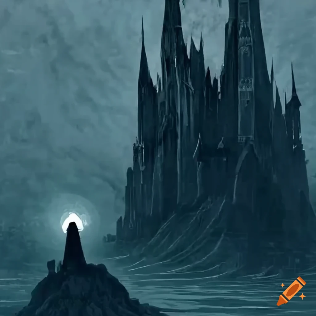 Surrealistic horror gothic sea castle with high spires and stormy ...