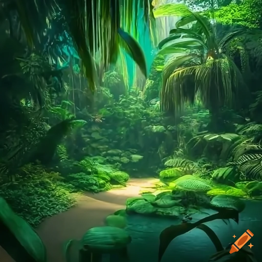 Beautiful jungle with lush greenery and a lagoon in high definition on ...