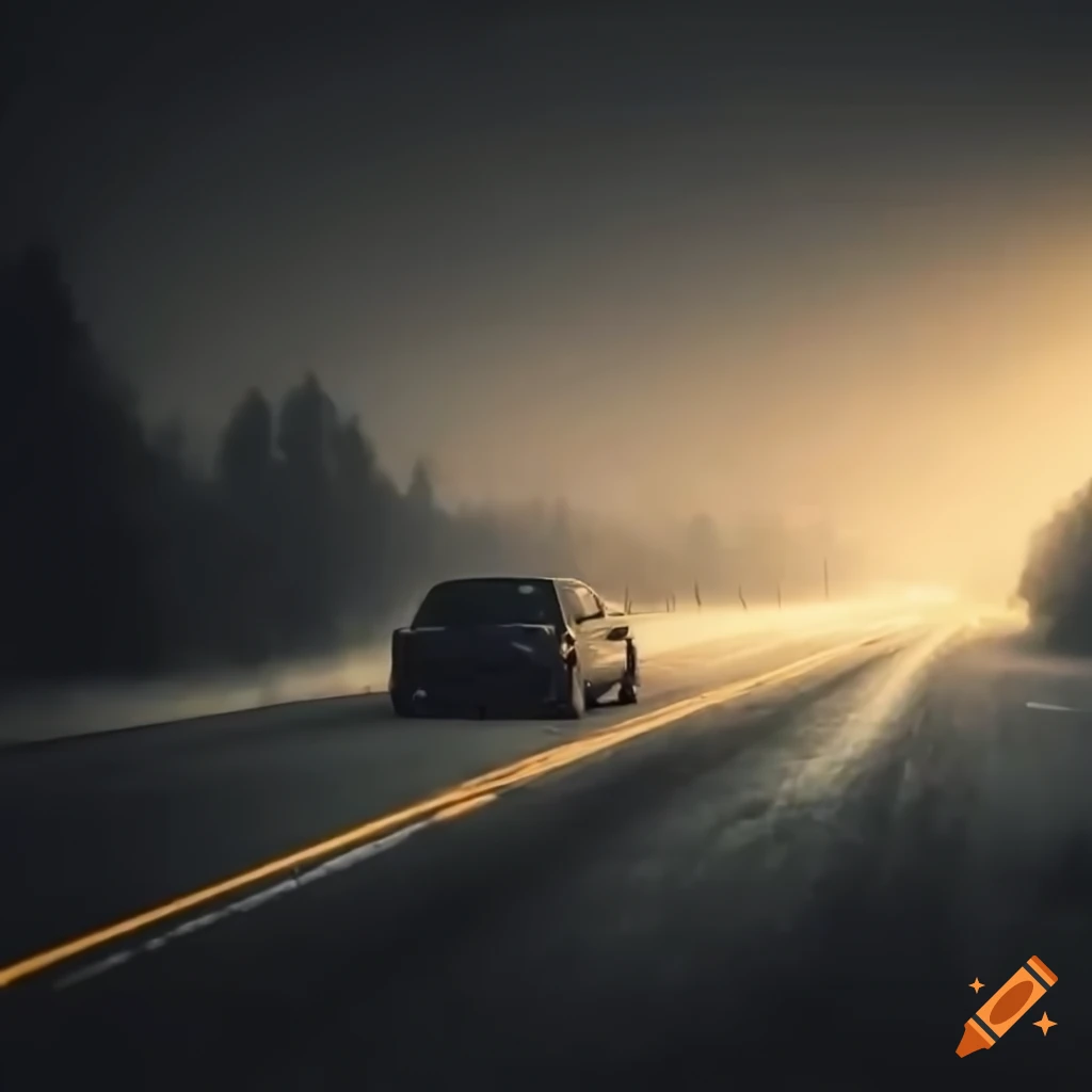 Car driving on dark countryside road at midnight with headlights on on ...