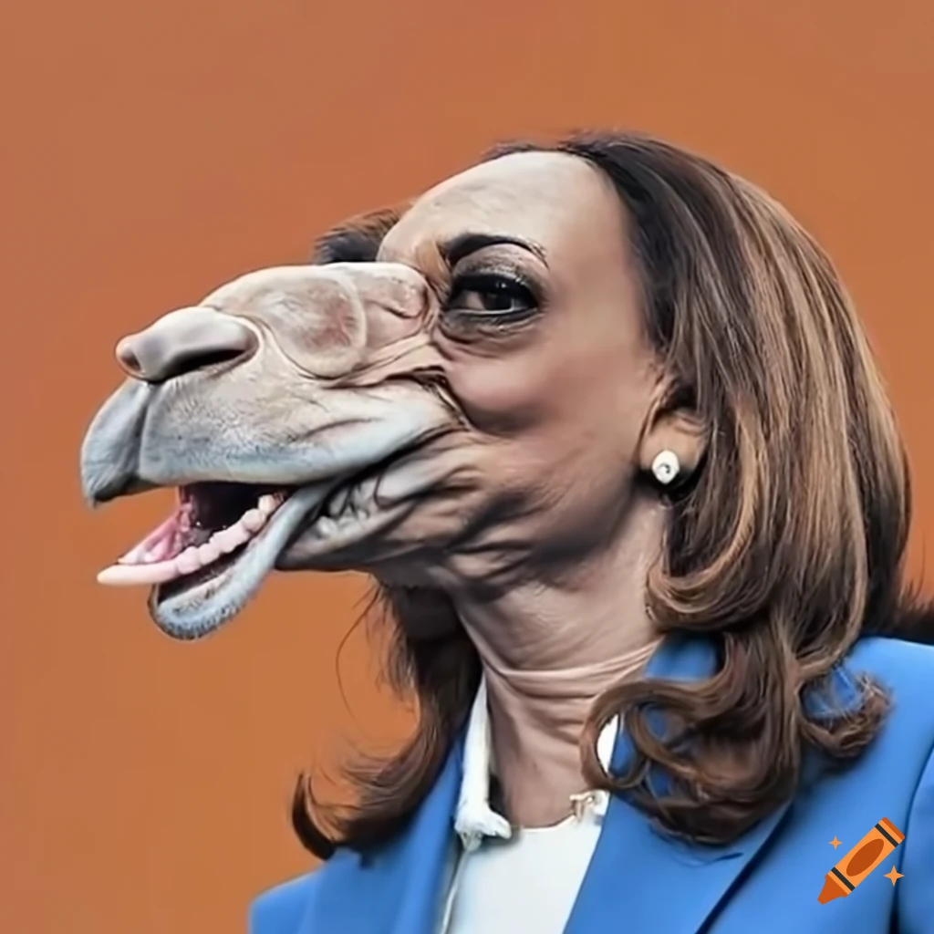 Smiling camel with big teeth resembling kamala harris on Craiyon