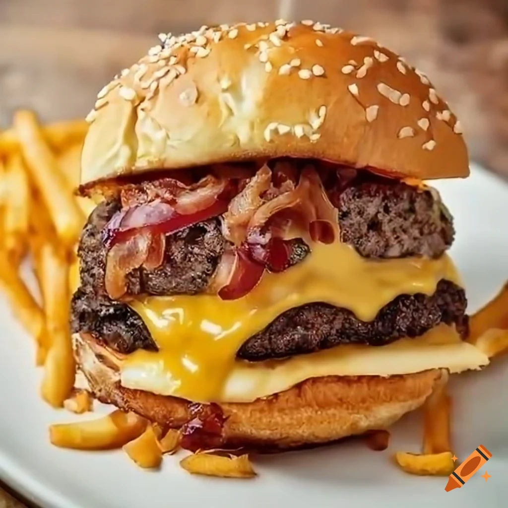 Delicious smash burger with cheddar cheese, bacon, and fries on Craiyon