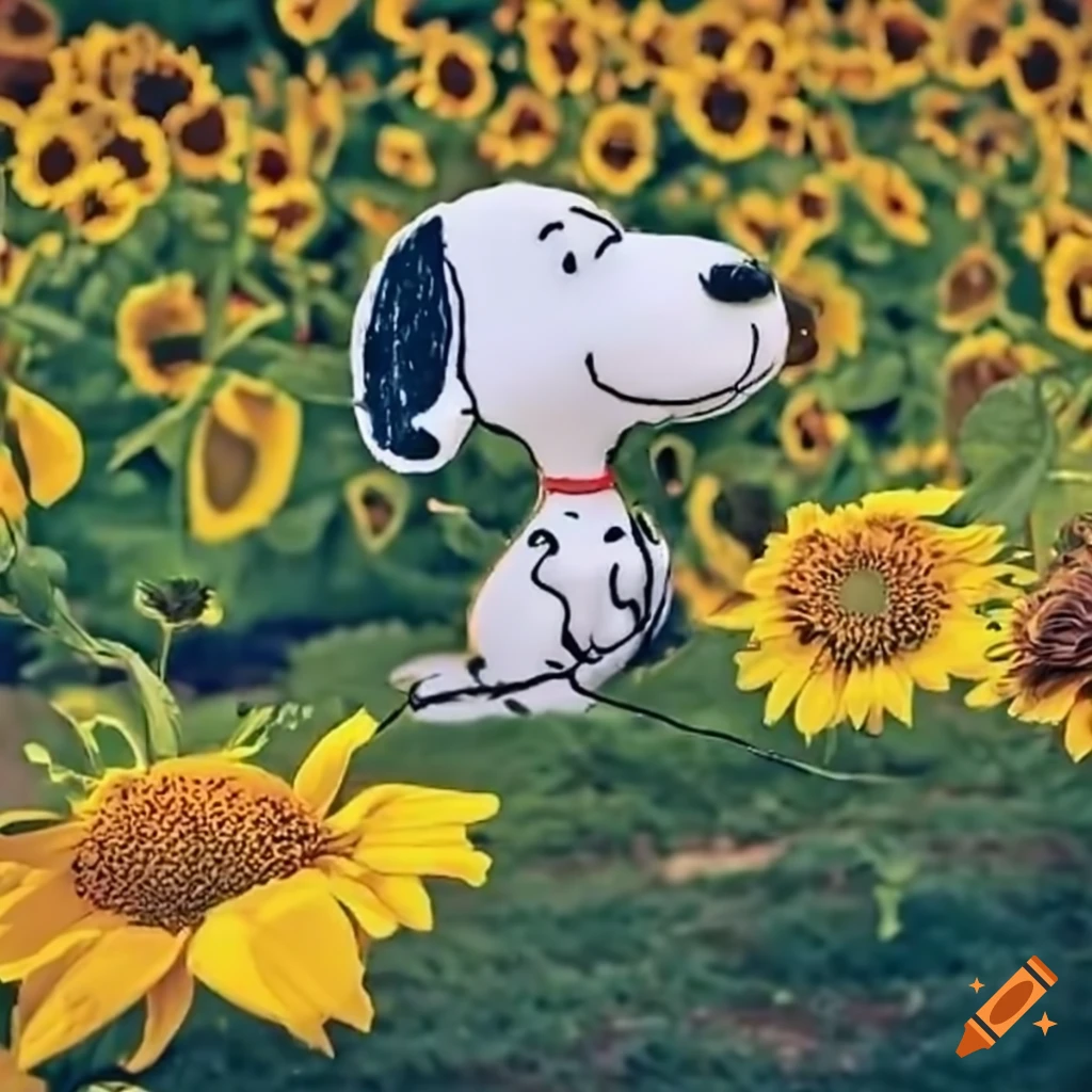 Snoopy in a blooming sunflower and rose garden on Craiyon
