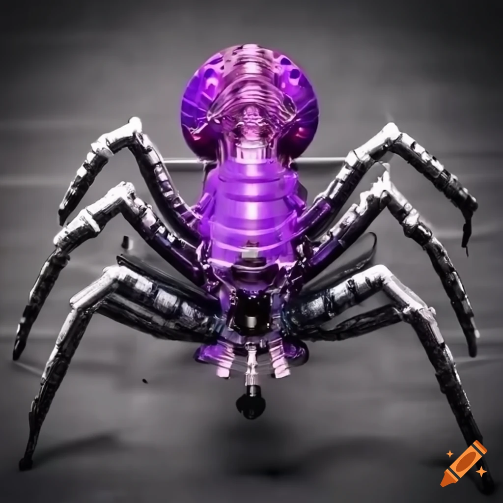 Biomechanical spider cyborg with purple eyes on Craiyon