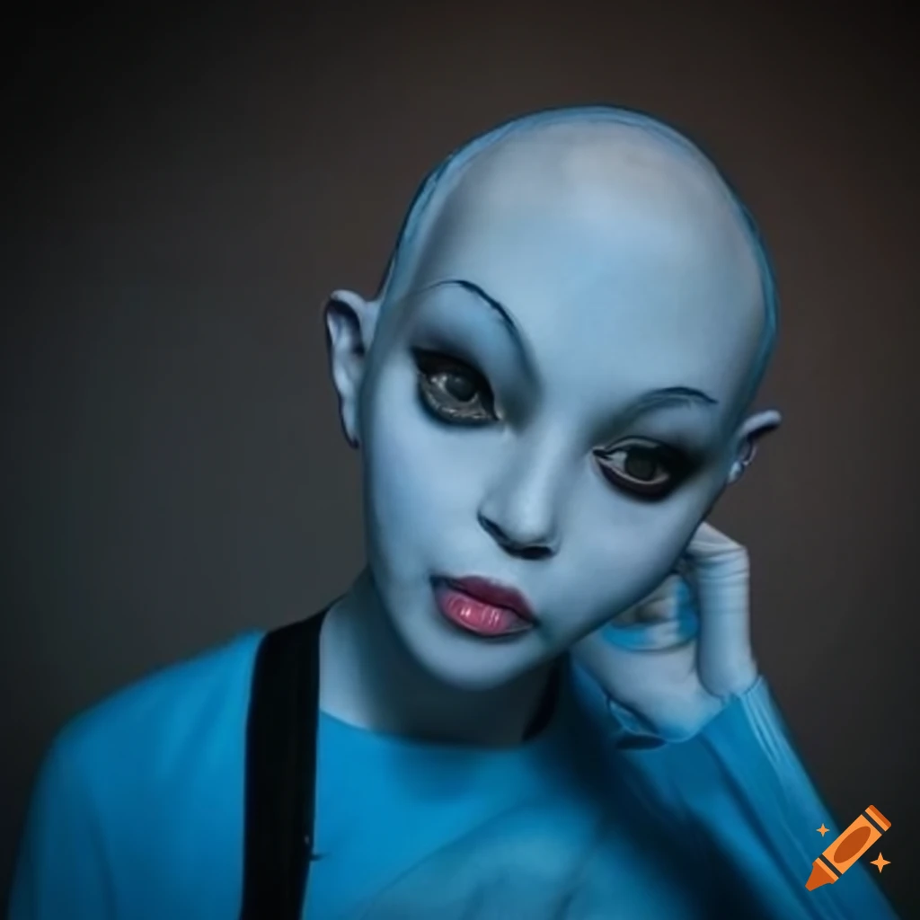 Blue-skinned humanoid alien sisters with white wavy hair wearing shirts on Craiyon