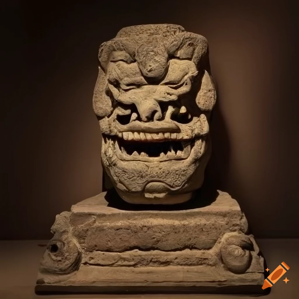 Ancient demon idol with monster teeth and base relief sculpted in stone ...