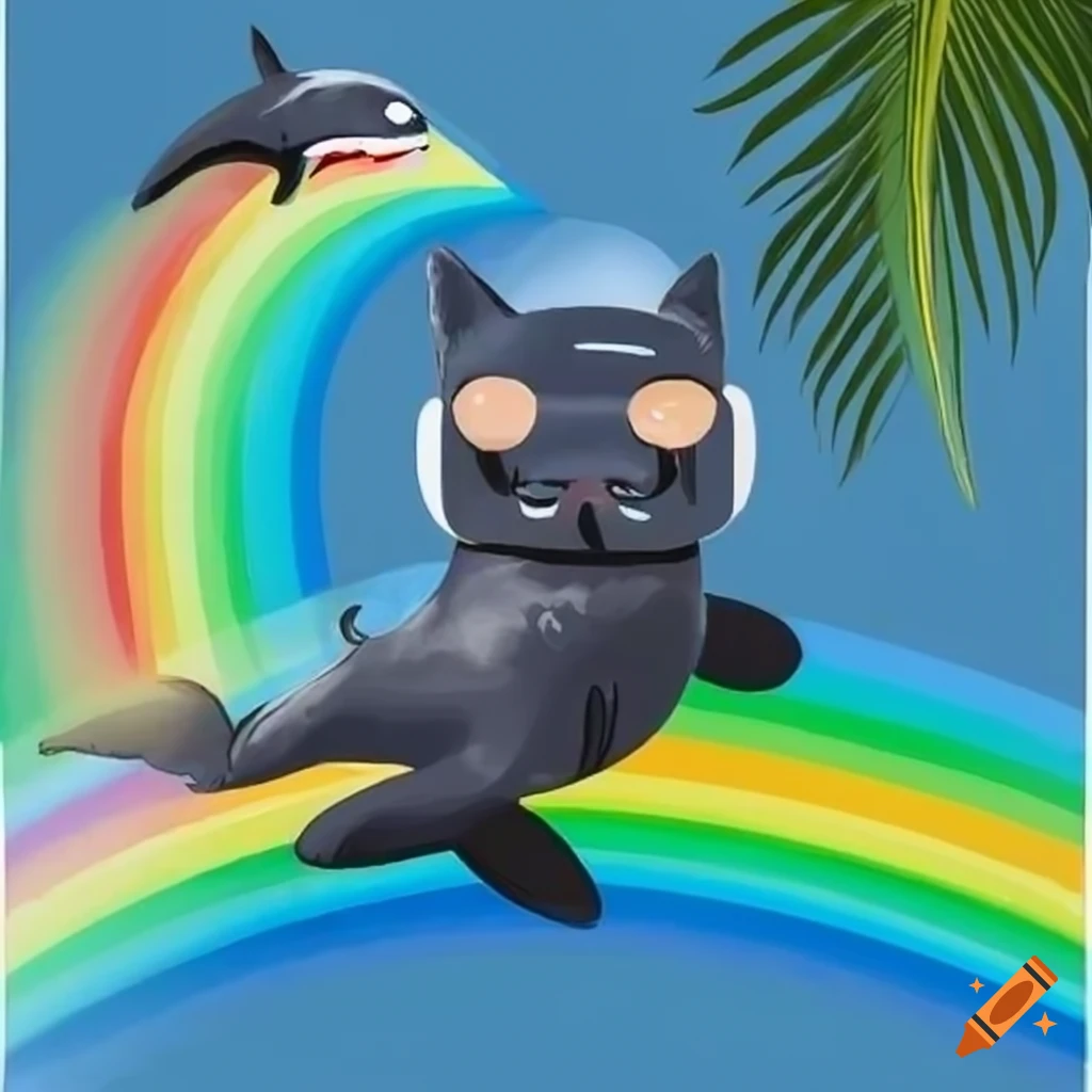 Gray orca with 2 cat masks drinking cappuccino on a rainbow by a palm ...