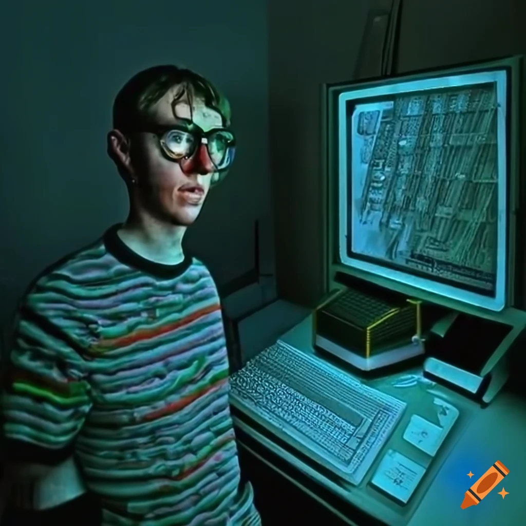 Computer nerd in basement surrounded by screens displaying codes and ...