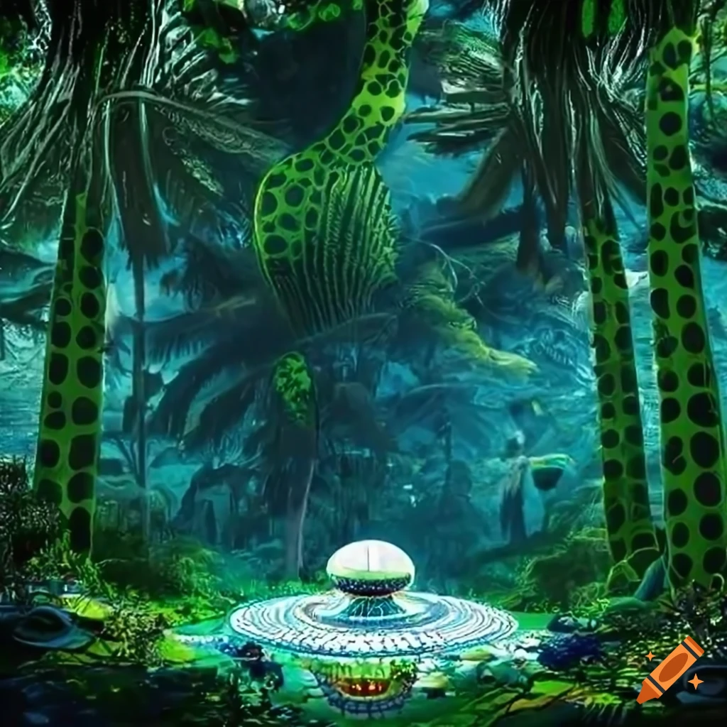 Palma tree view under lush green jungle with dramatic lighting, ufo ...