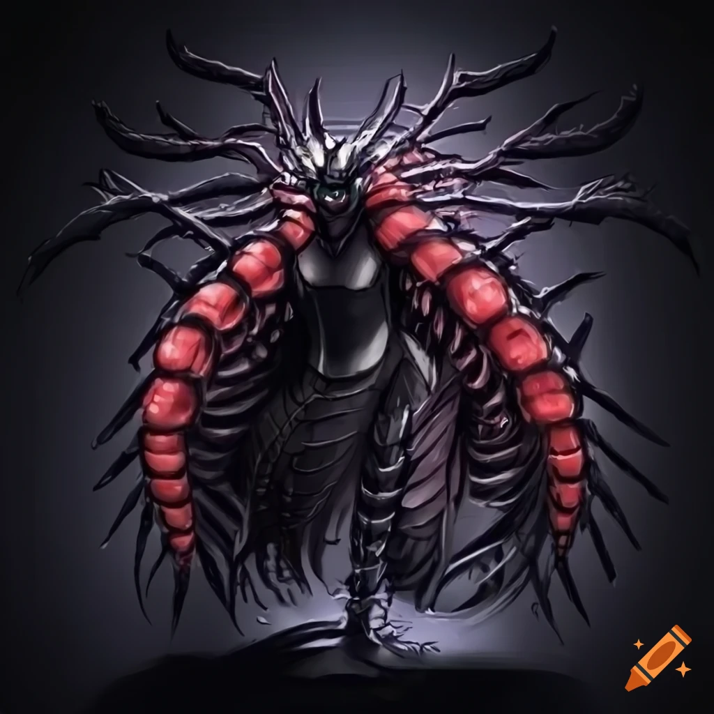 Armored centipede character in anime style with a black color scheme on ...