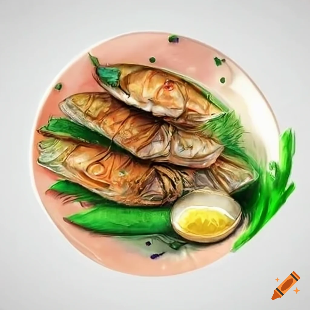 Braised barracuda fillets wrapped with plant garnish on Craiyon