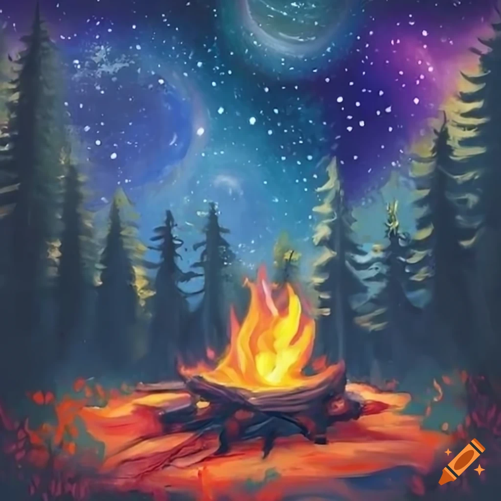 Magical fall forest with campfire under a starry night sky on Craiyon