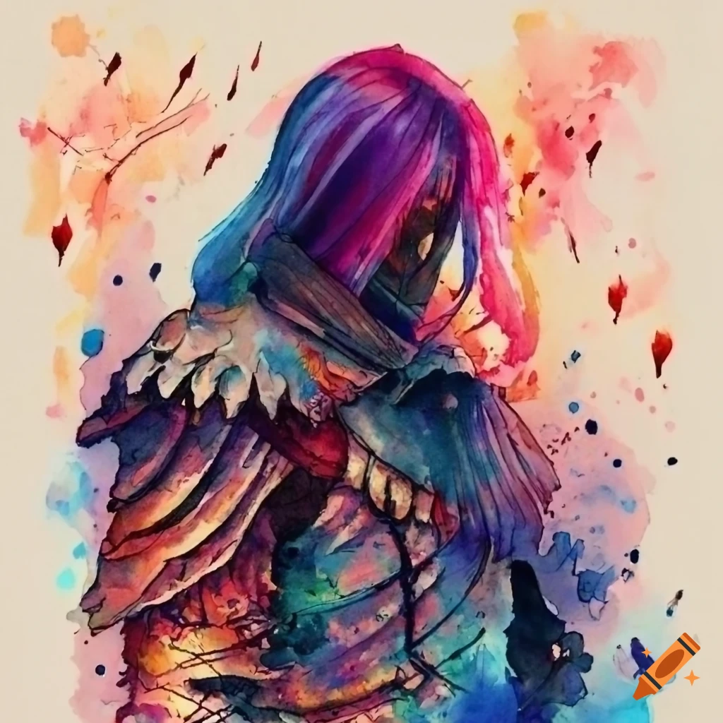 Colorful watercolor portrait of a gothic knight in armor with flowing ...