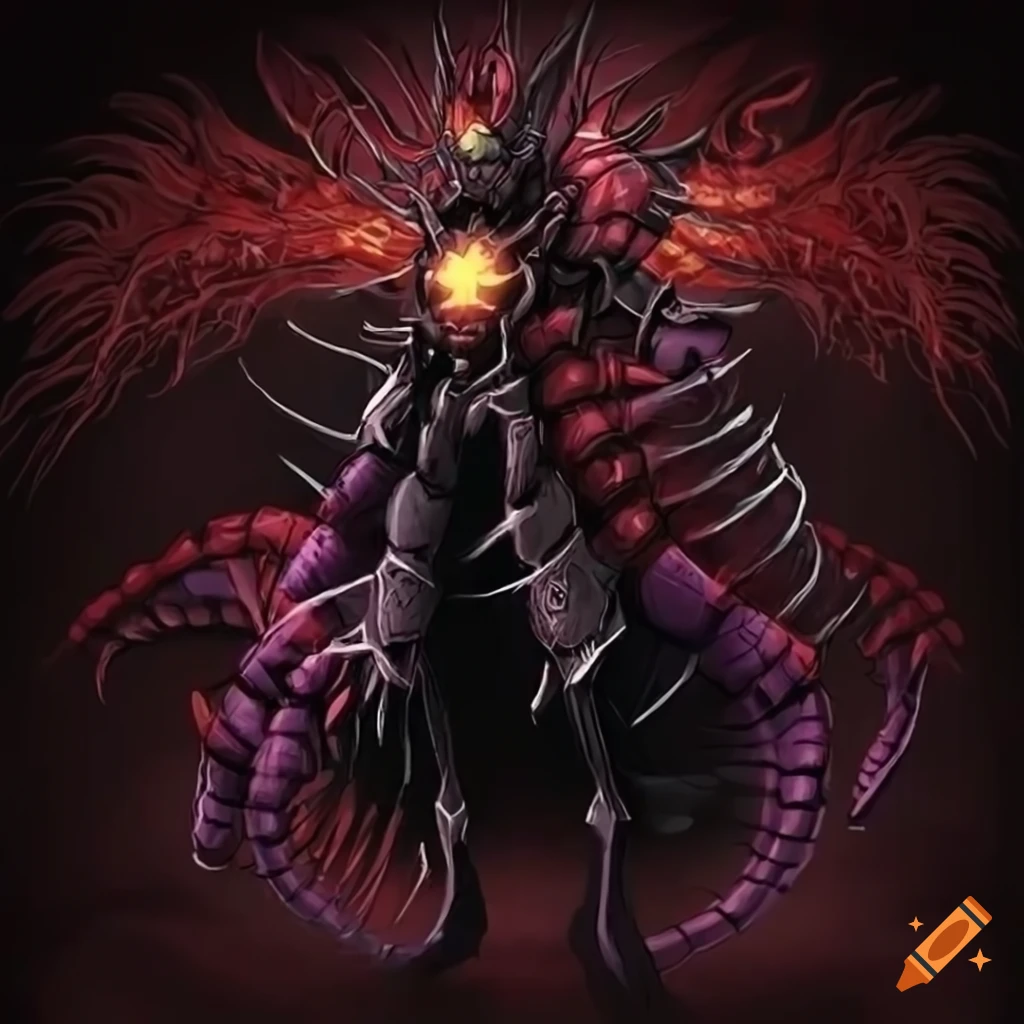 Epic black armored centipede anime character with sharp mandibles and ...