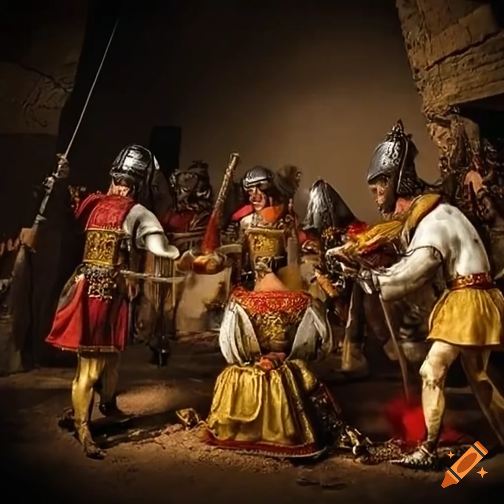 Spanish conquistadors plundering gold from the Inca empire on Craiyon
