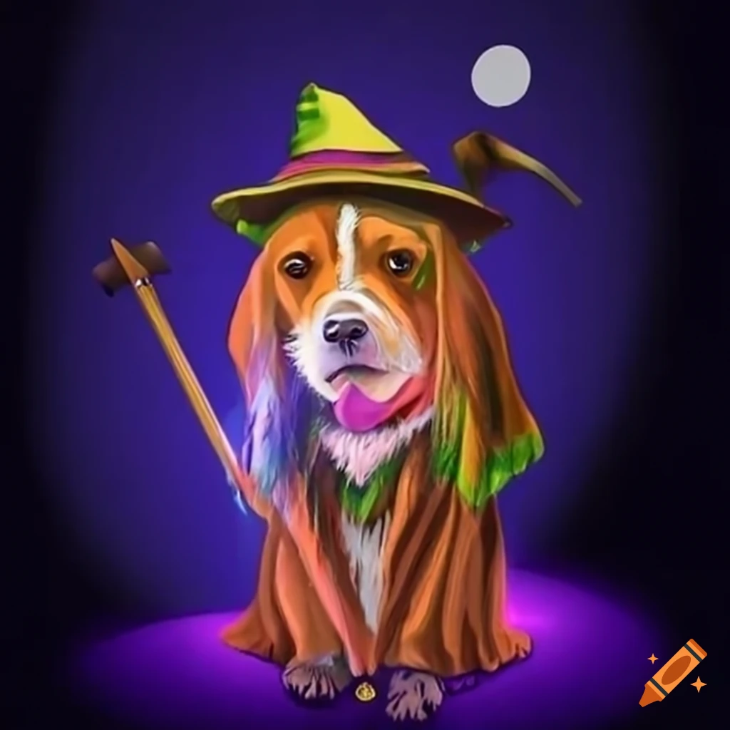 Dog dressed as a wizard performing magical tasks on Craiyon