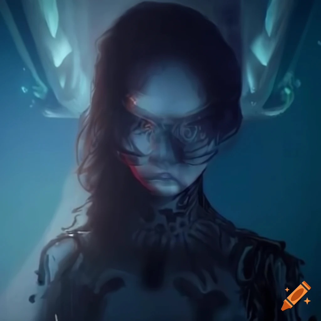 Shadowy translucent woman with advanced runes and robot features on Craiyon