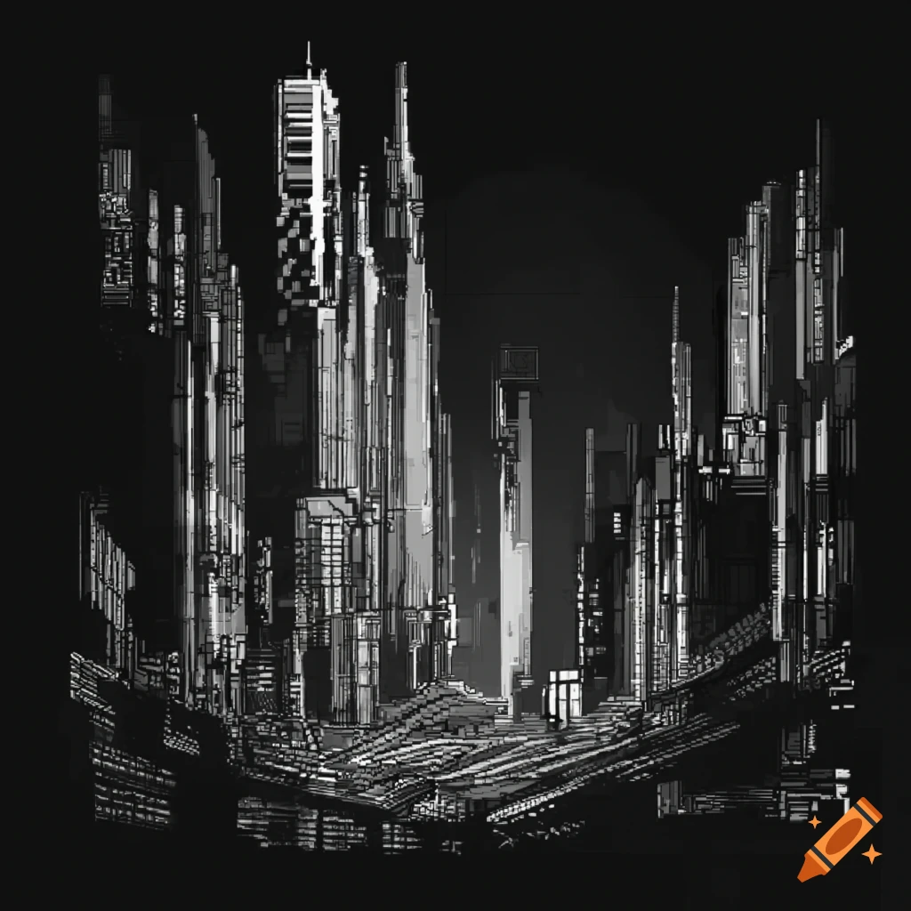 1-bit pixel art of a futuristic dystopian city scene on Craiyon