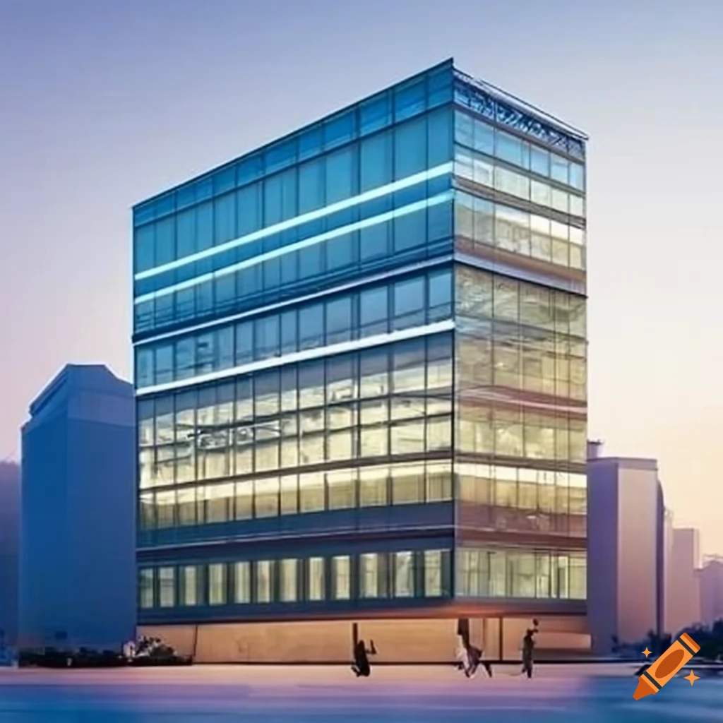 Modern office building with glass facades and ergonomic interiors on ...