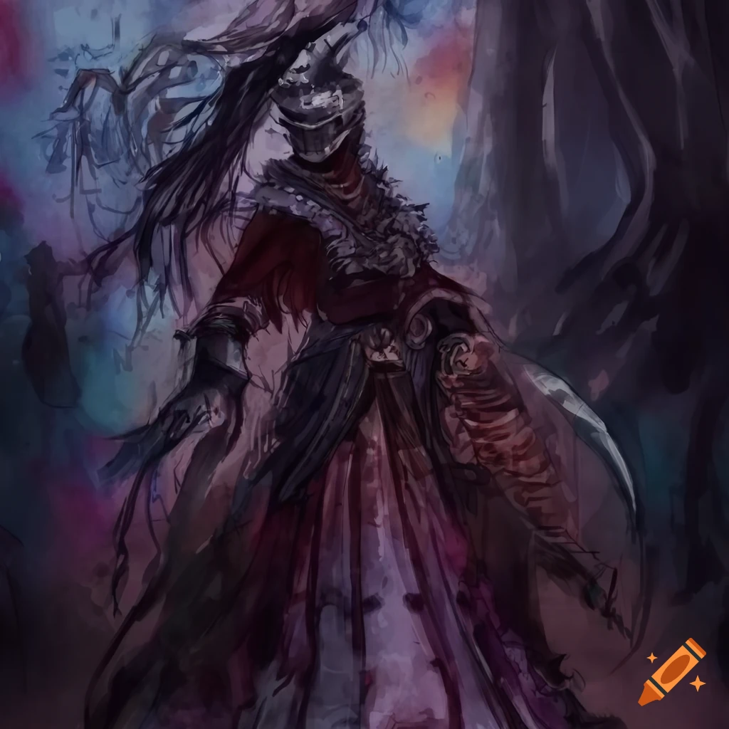 Colorful watercolor concept art of a gothic knight with flowing hair in ...