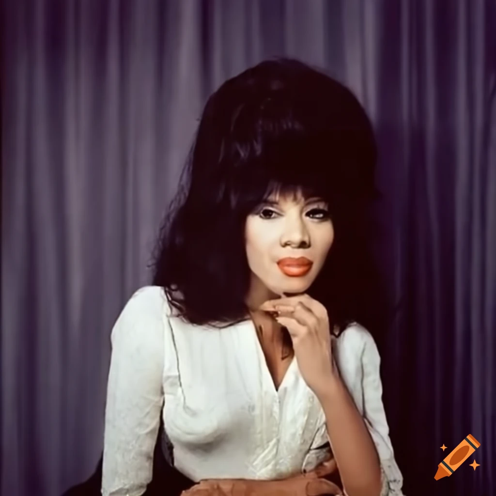 Ronnie Spector in 70s fashion surrounded by paper flowers on Craiyon
