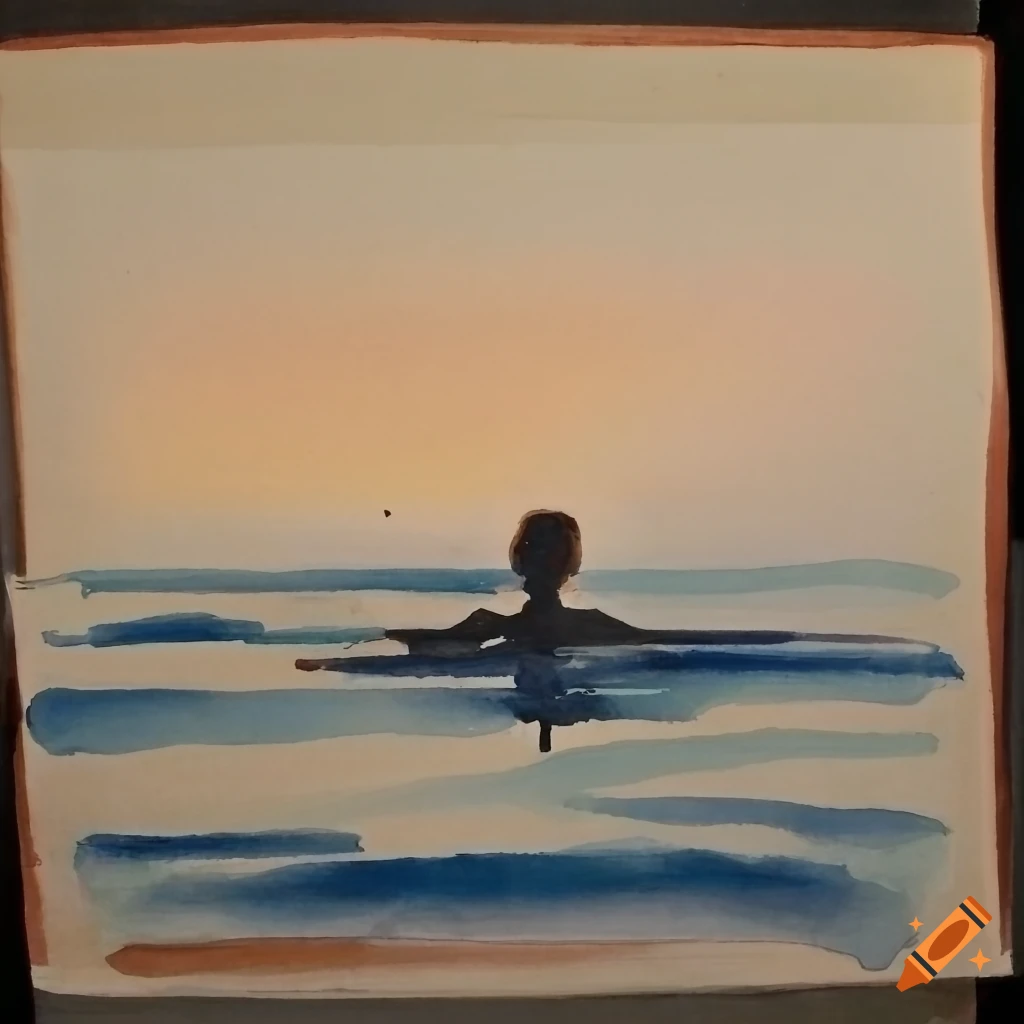 Watercolor painting of a person floating on a calm ocean from above, in ...