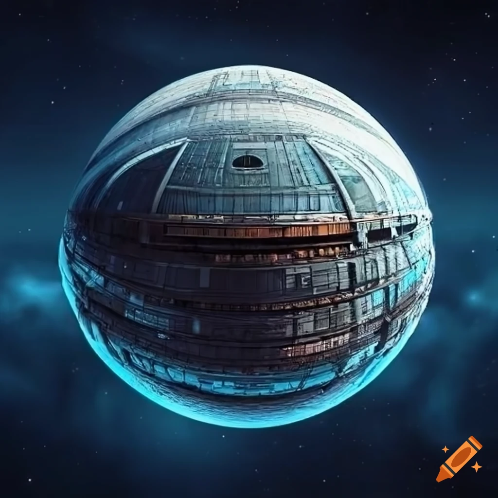 Colossal spherical structure with starships and docking ports in a sci ...