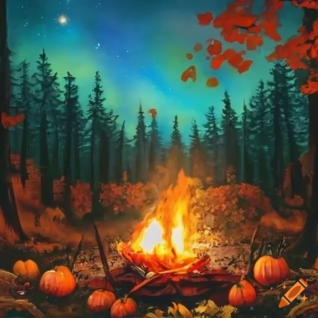 Magical fall forest with pumpkins by a campfire under a starry sky on ...